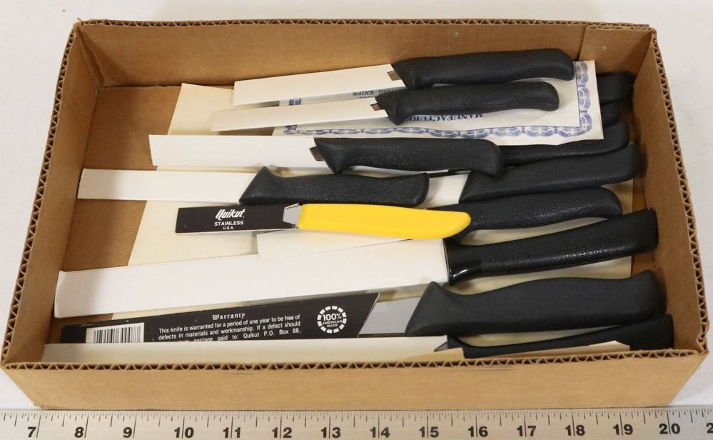 NEW SET OF QUIKUT STAINLESS STEEL KNIVES, COMES