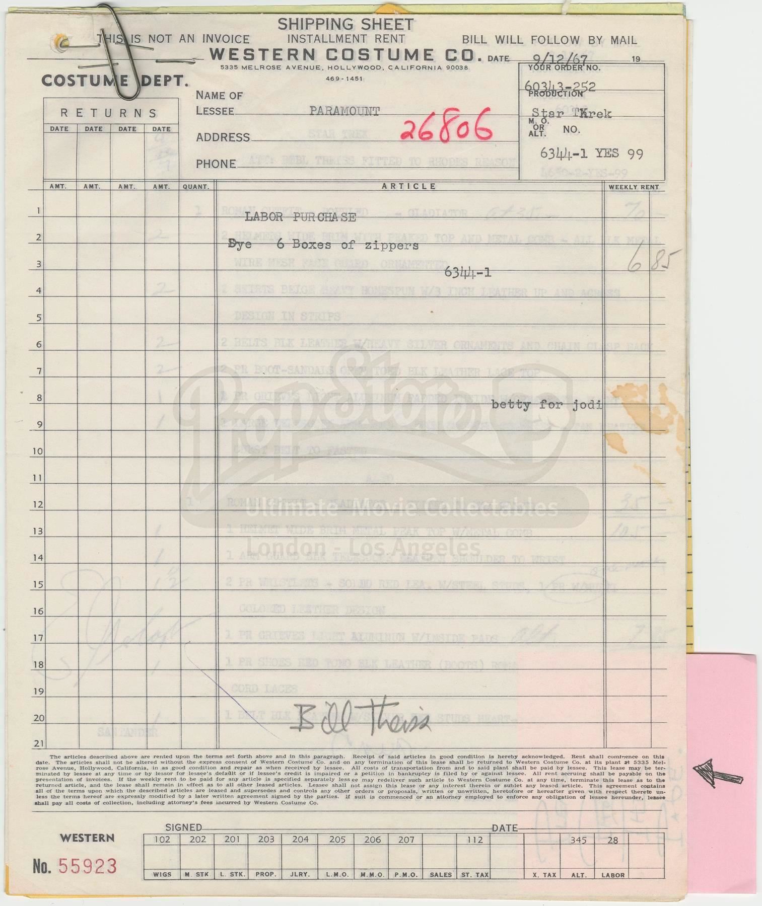 William Ware Theiss’ Hand Written List Of Actors and 16 Costume ...