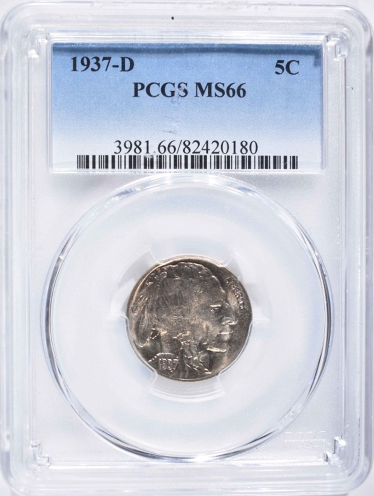 1937-D BUFFALO NICKEL, PCGS MS-66