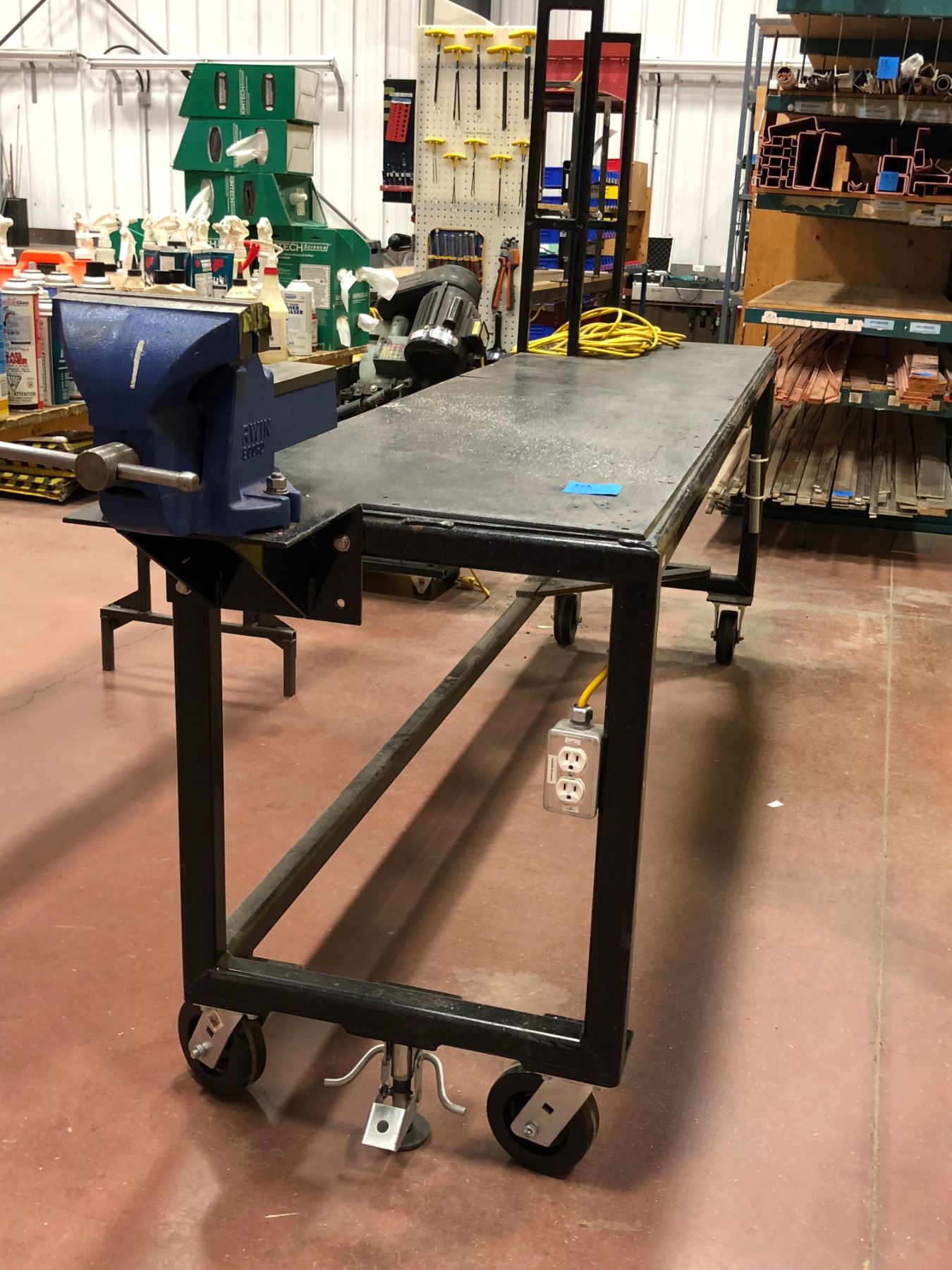 Heavy duty custom rolling workbench 96" x 24" x 36" c/w 8" vise, wired ...