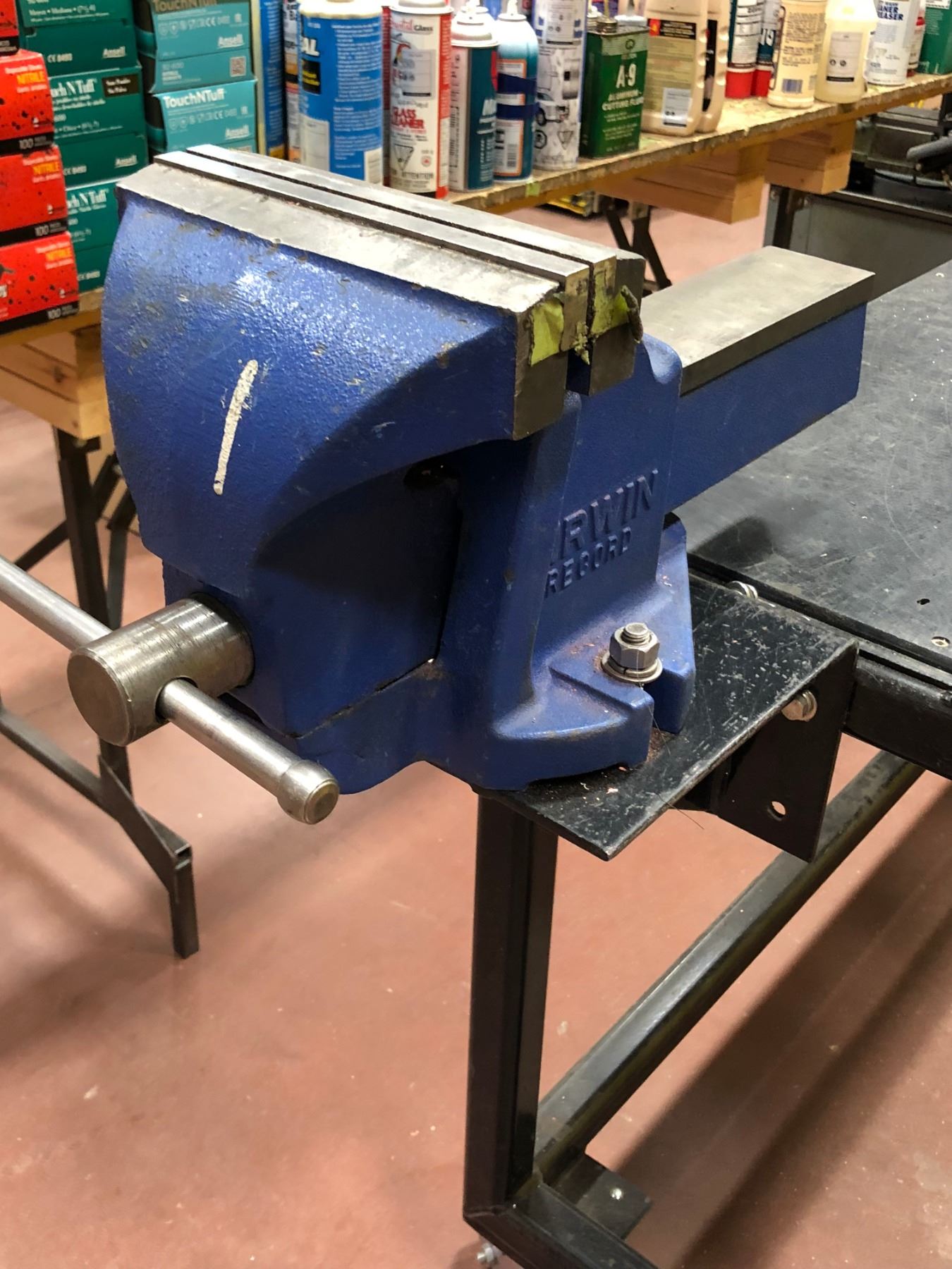 Heavy duty custom rolling workbench 96" x 24" x 36" c/w 8" vise, wired ...