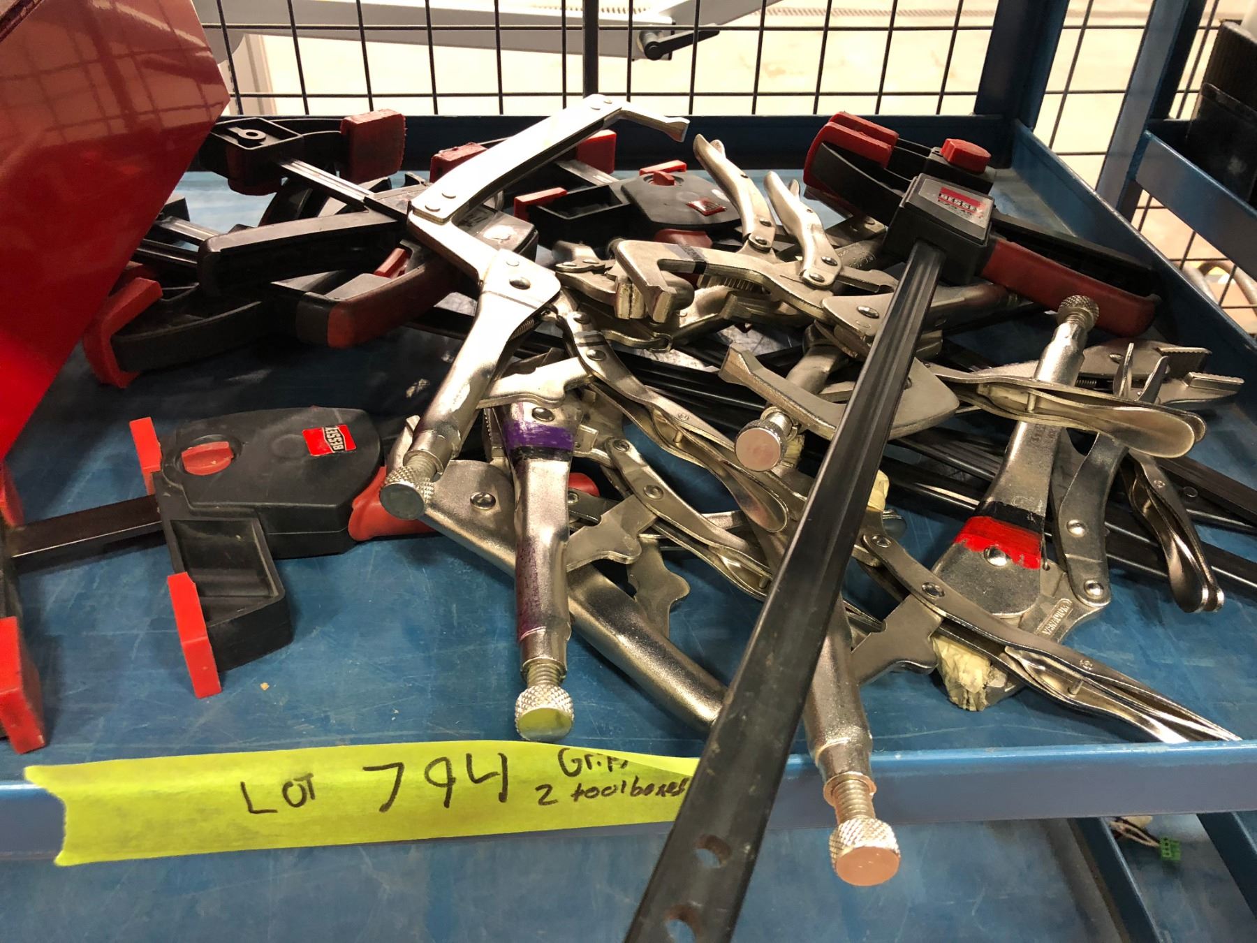 Assorted C clamps, vice grips, sliding clamp, 2 tool boxes
