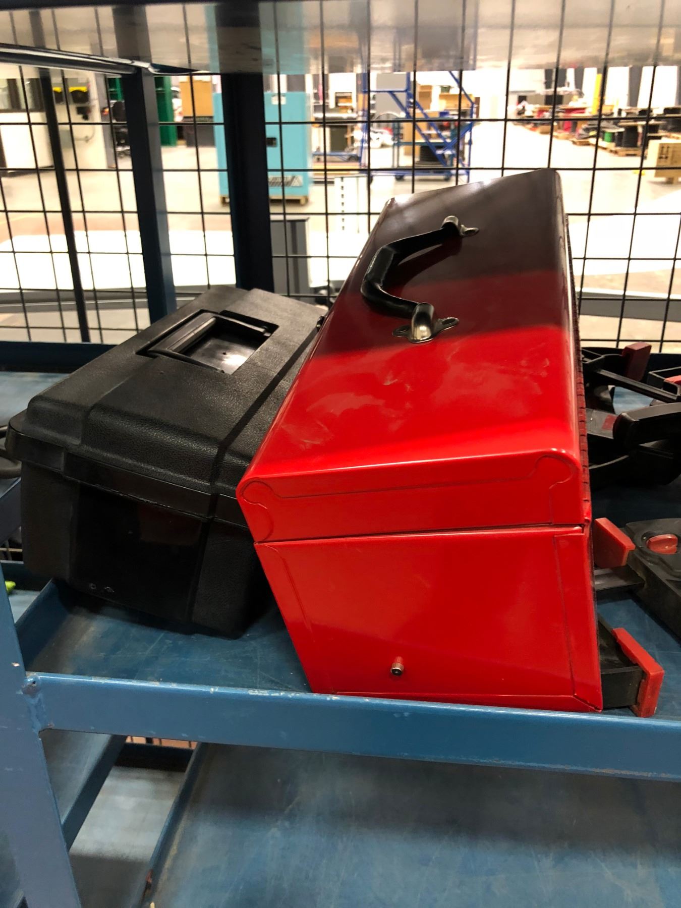 Assorted C clamps, vice grips, sliding clamp, 2 tool boxes