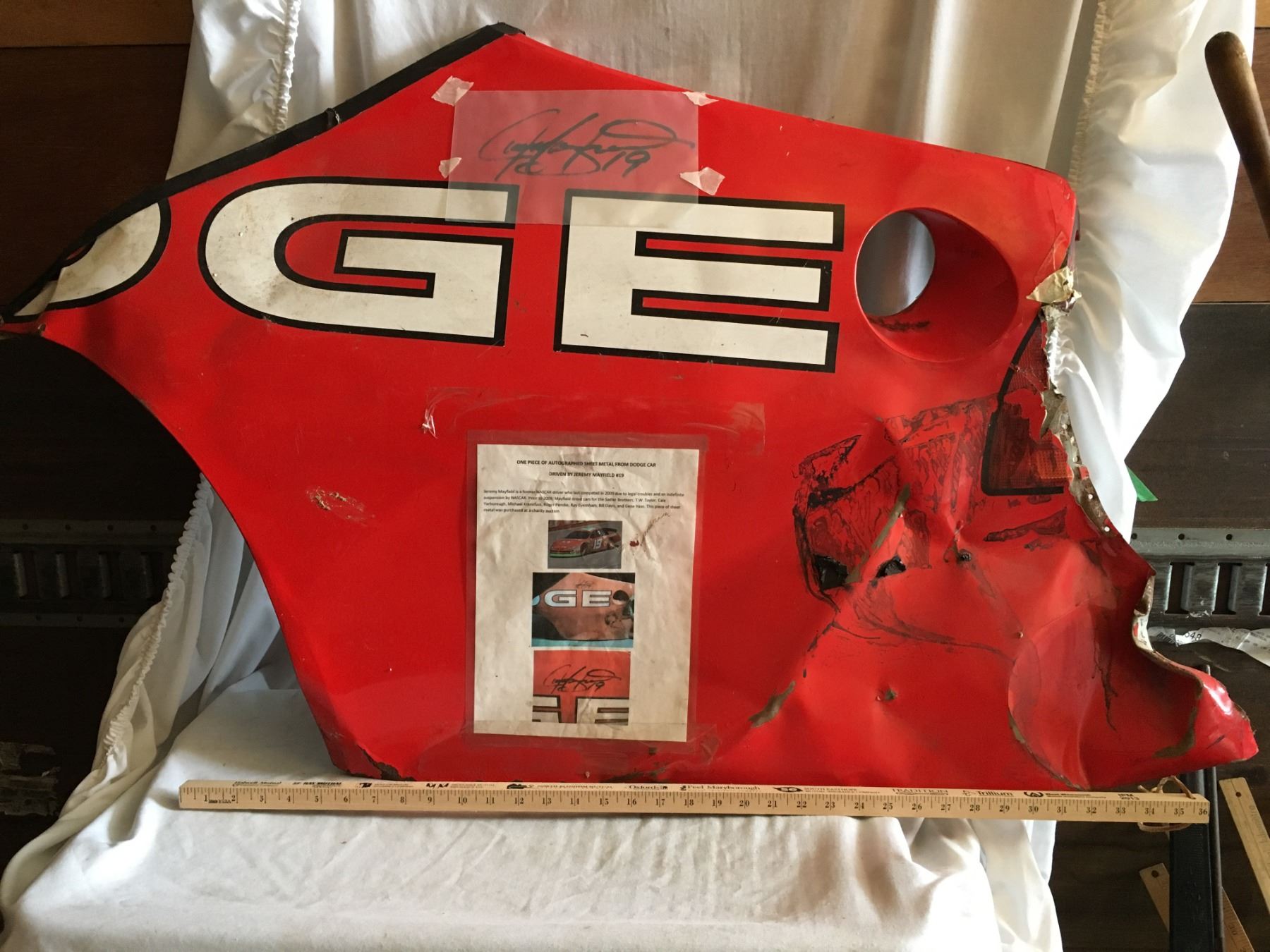 NASCAR CAR PANEL - DRIVEN & SIGNED BY #19 JEREMY MAYFIELD