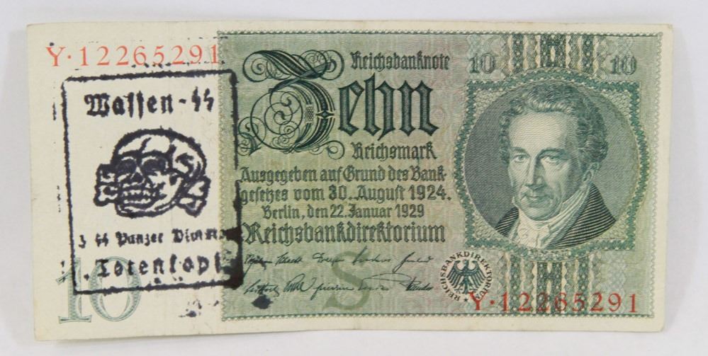 NAZI WAFFEN SS BANK NOTE 10 MARK TOTENKOPF