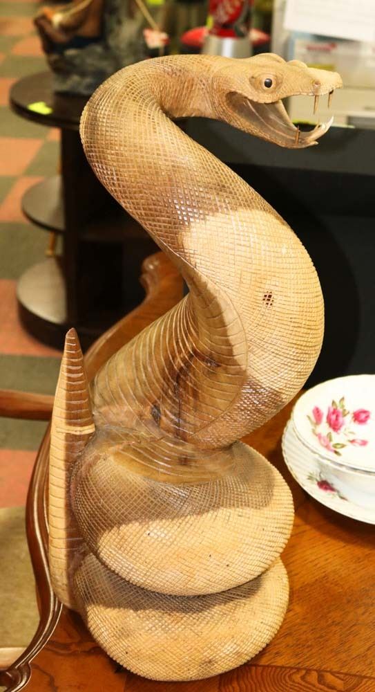 WOOD CARVED SNAKE STATUE, 20" TALL