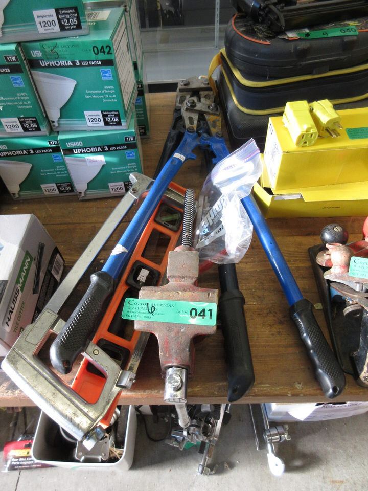 2 Bolt Cutters, Vise, Chisels, Saw & Level