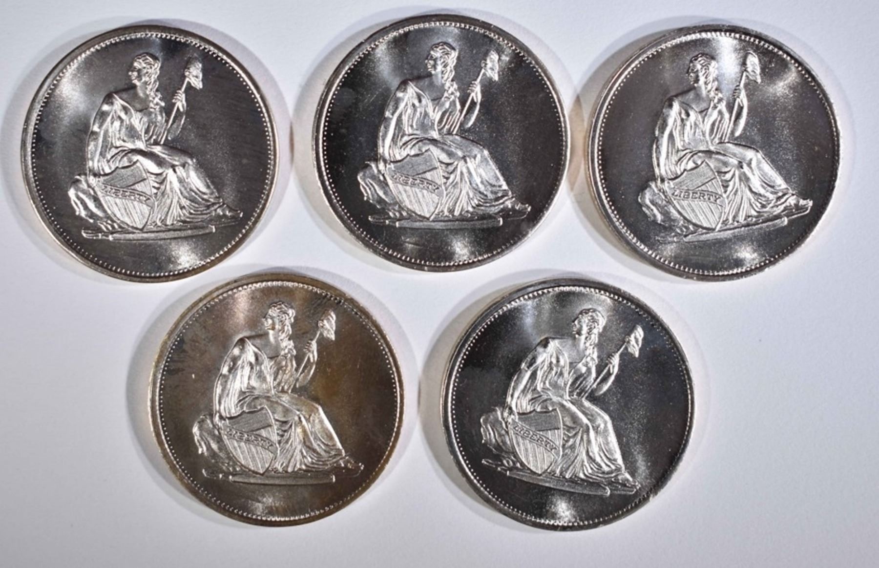 5-“SEATED LIBERTY” ONE OUNCE .999 SILVER ROUNDS