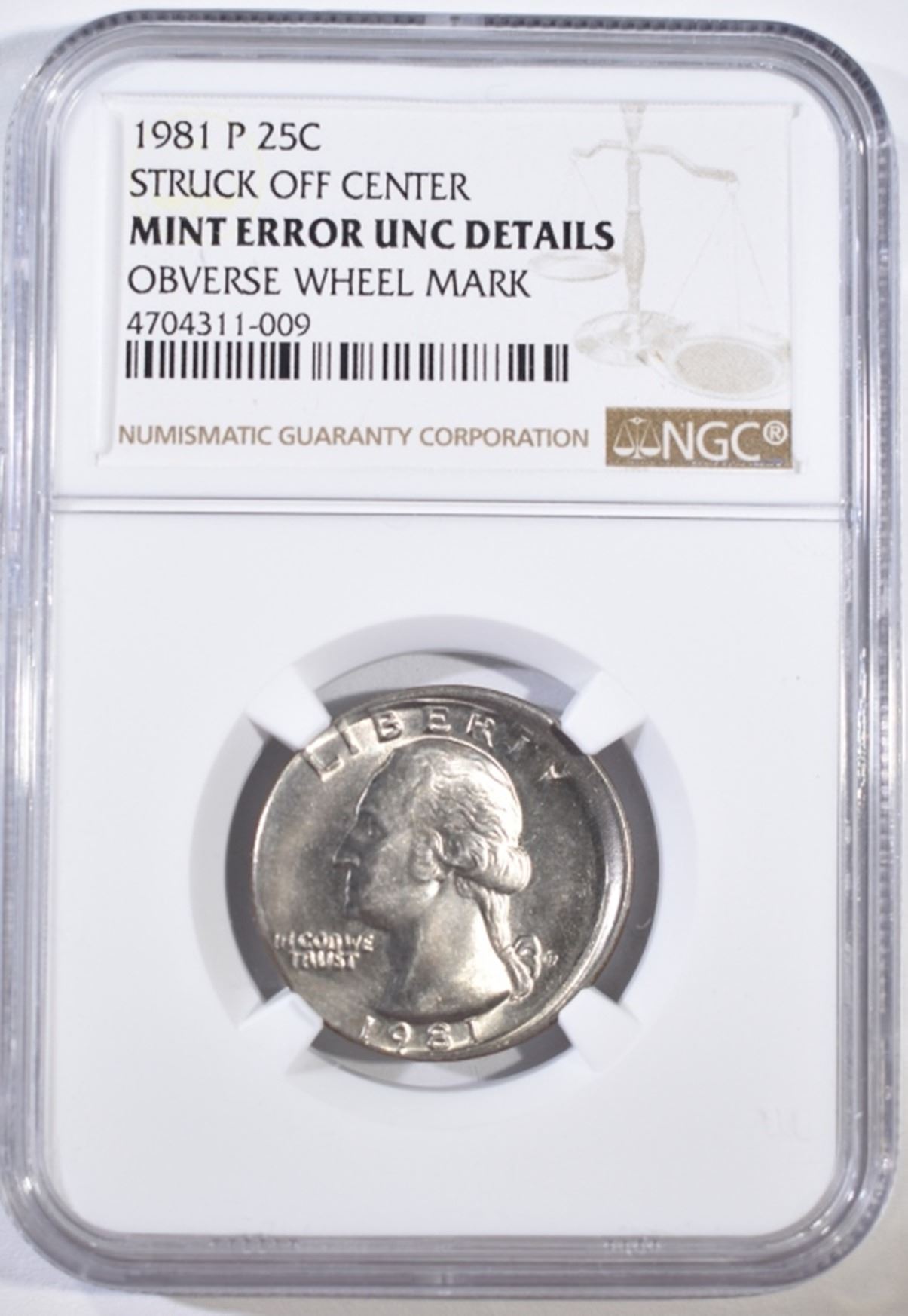1981-P MINT ERROR WASH. QUARTER NGC UNC details