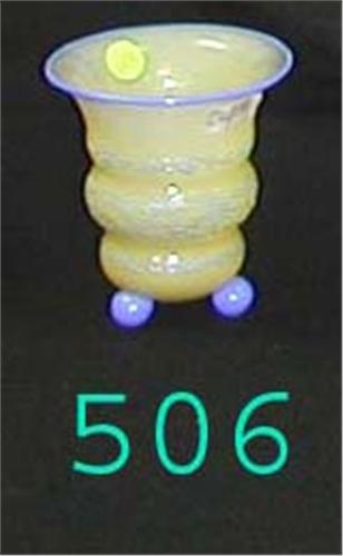 5” Fry Foval Art Deco vase with applied blue ball feet, blue rim, and ...