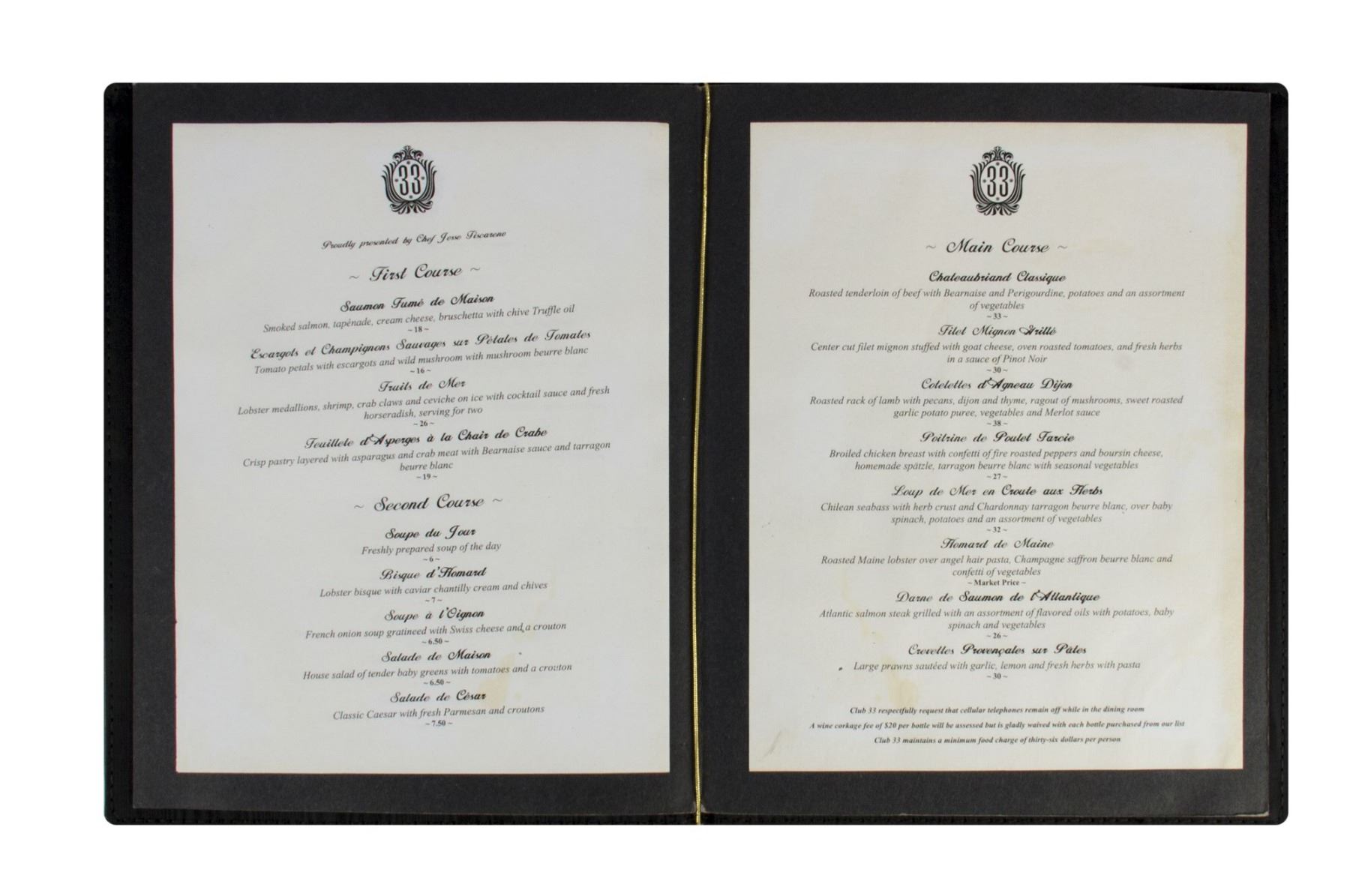"Club 33" Menu Cover with 3-Course Meal Menu.