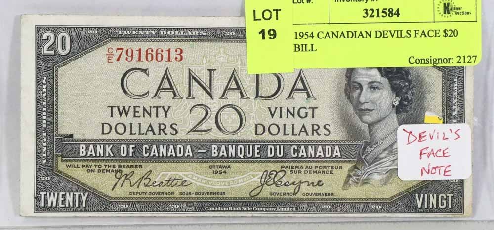 1954 CANADIAN DEVILS FACE $20 BILL - Kastner Auctions