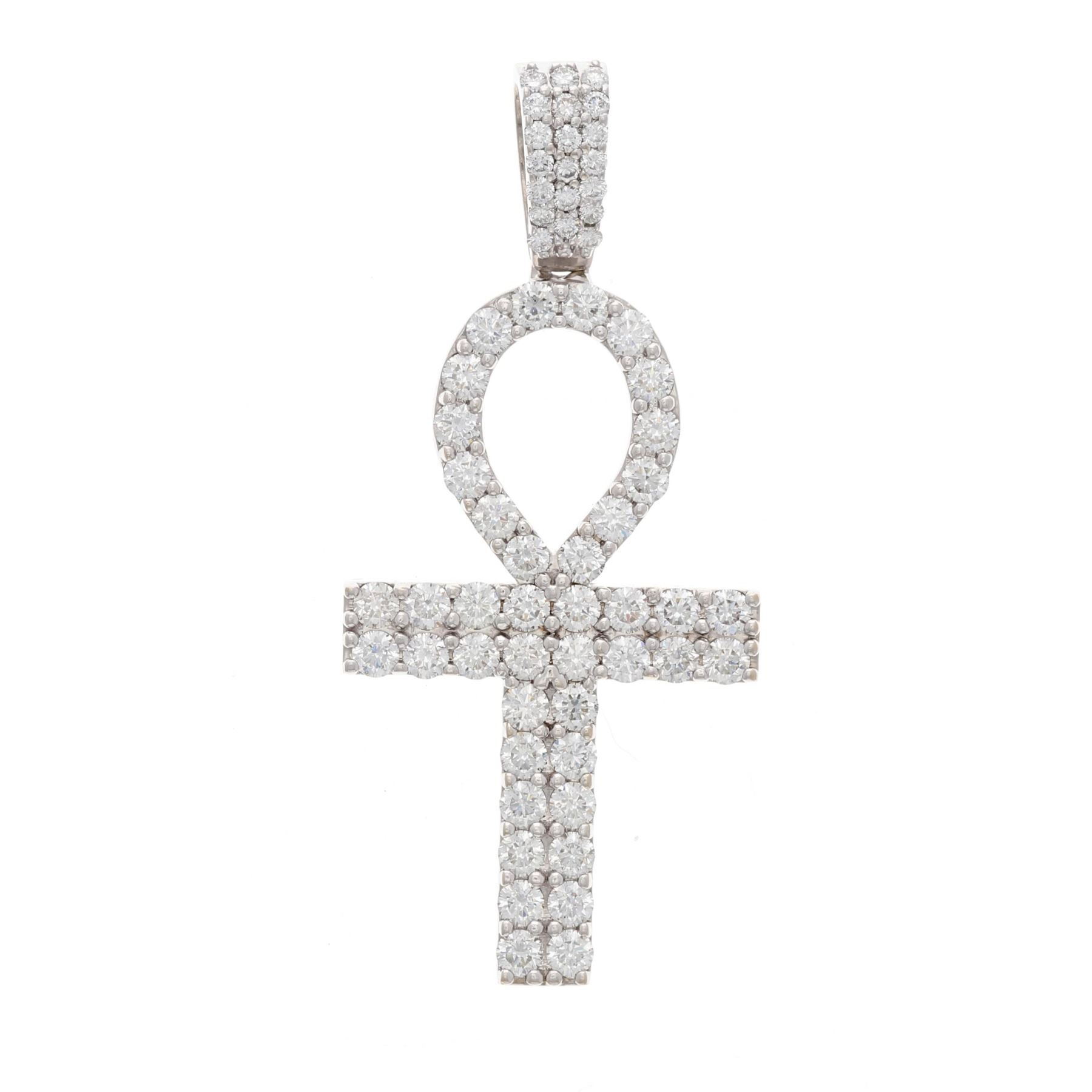 PENDANT: [1] 14 karat white gold Ankh Cross pendant set with 62 round ...