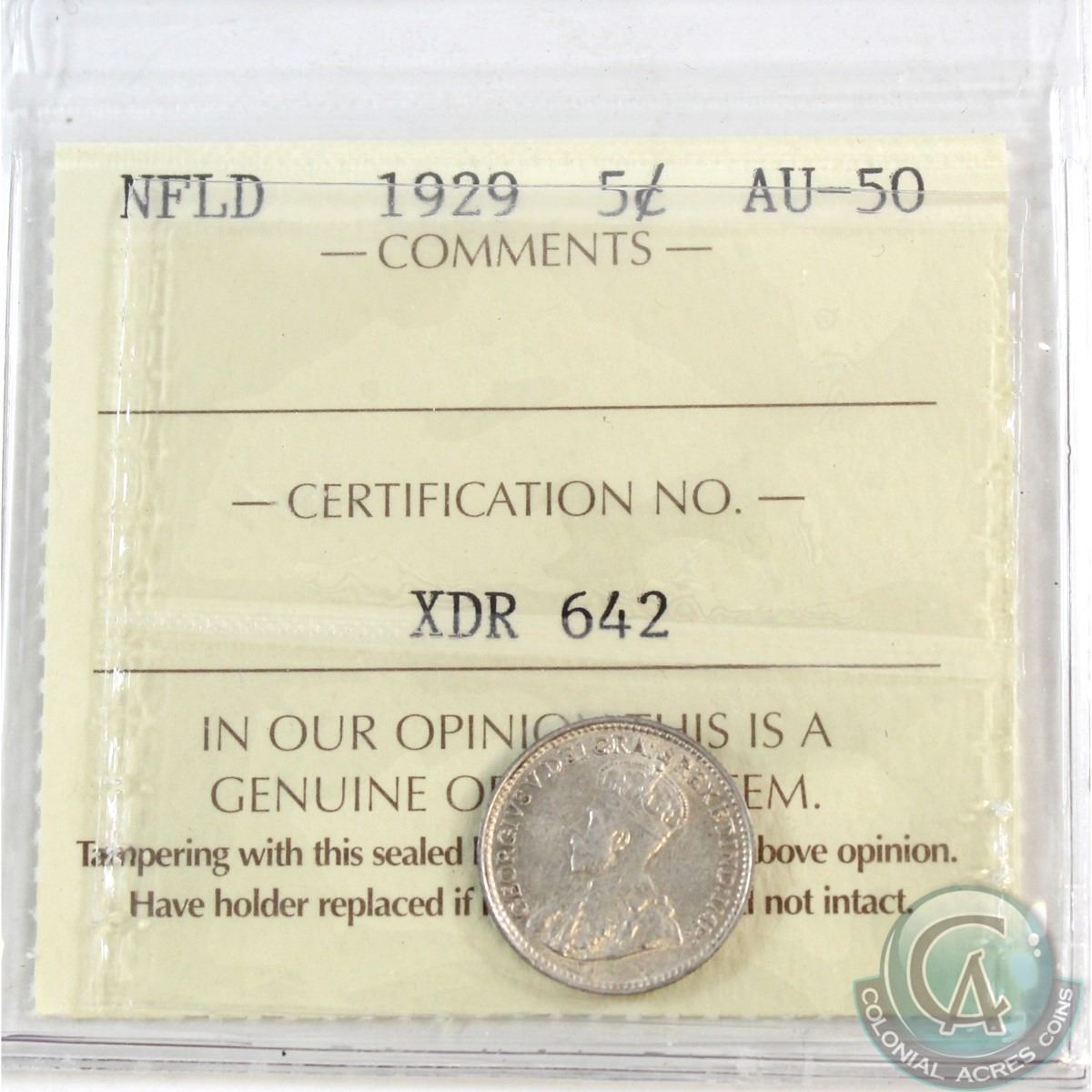 5-cent 1929 NFLD ICCS Certified AU-50.