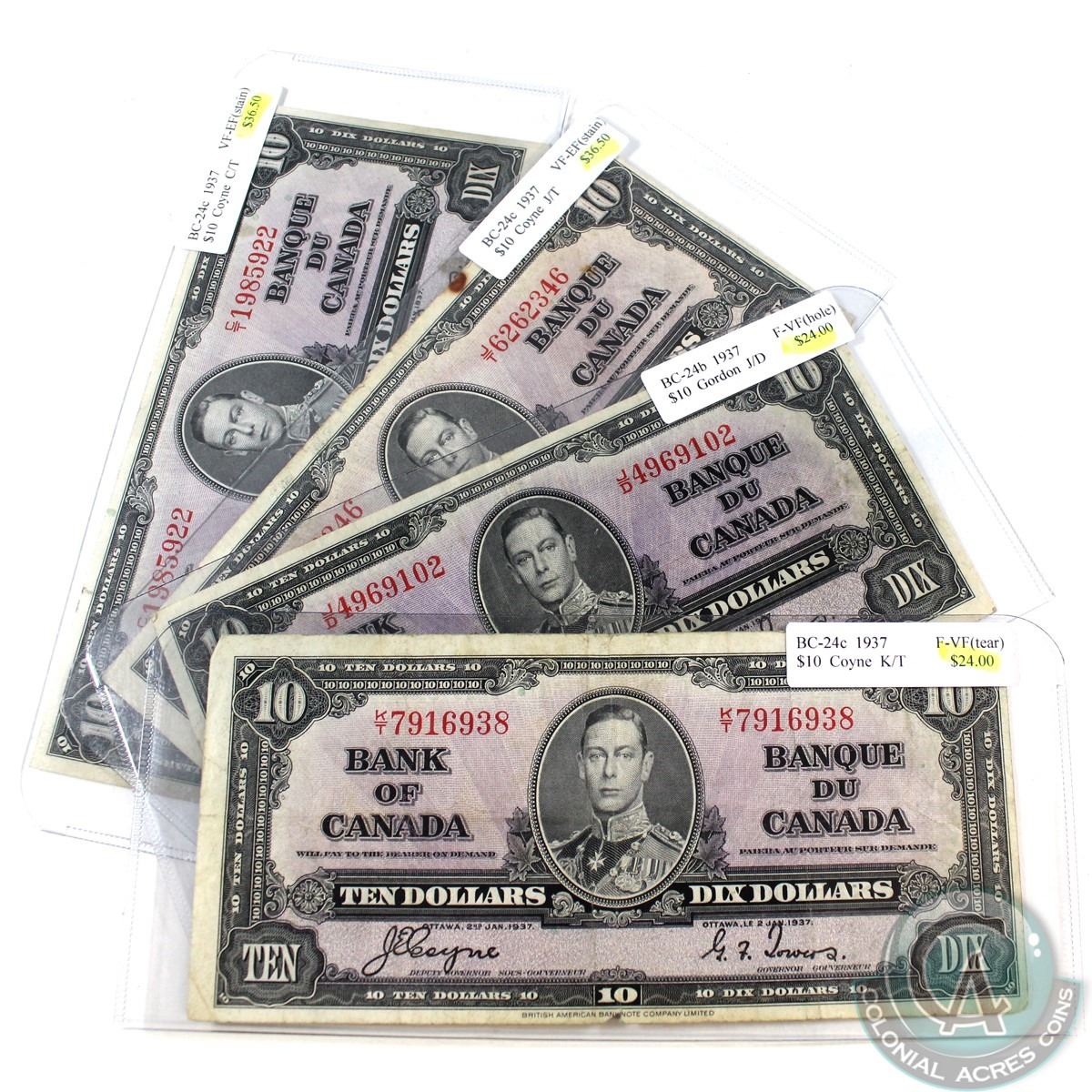 4x 1937 $10 Bank of Canada Notes with all Different Prefixes. 4pcs