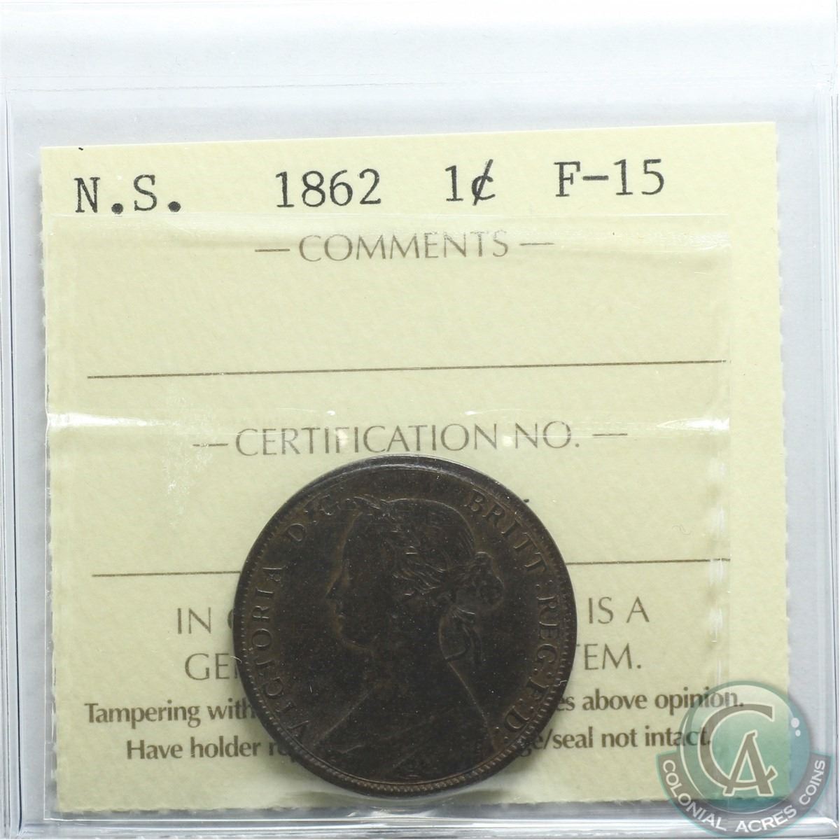 Nova Scotia 1-cent 1862 ICCS Certified F-15