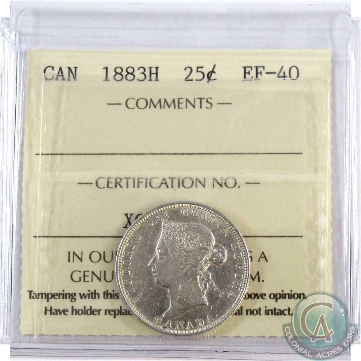 25-cent 1883H ICCS Certified EF-40.