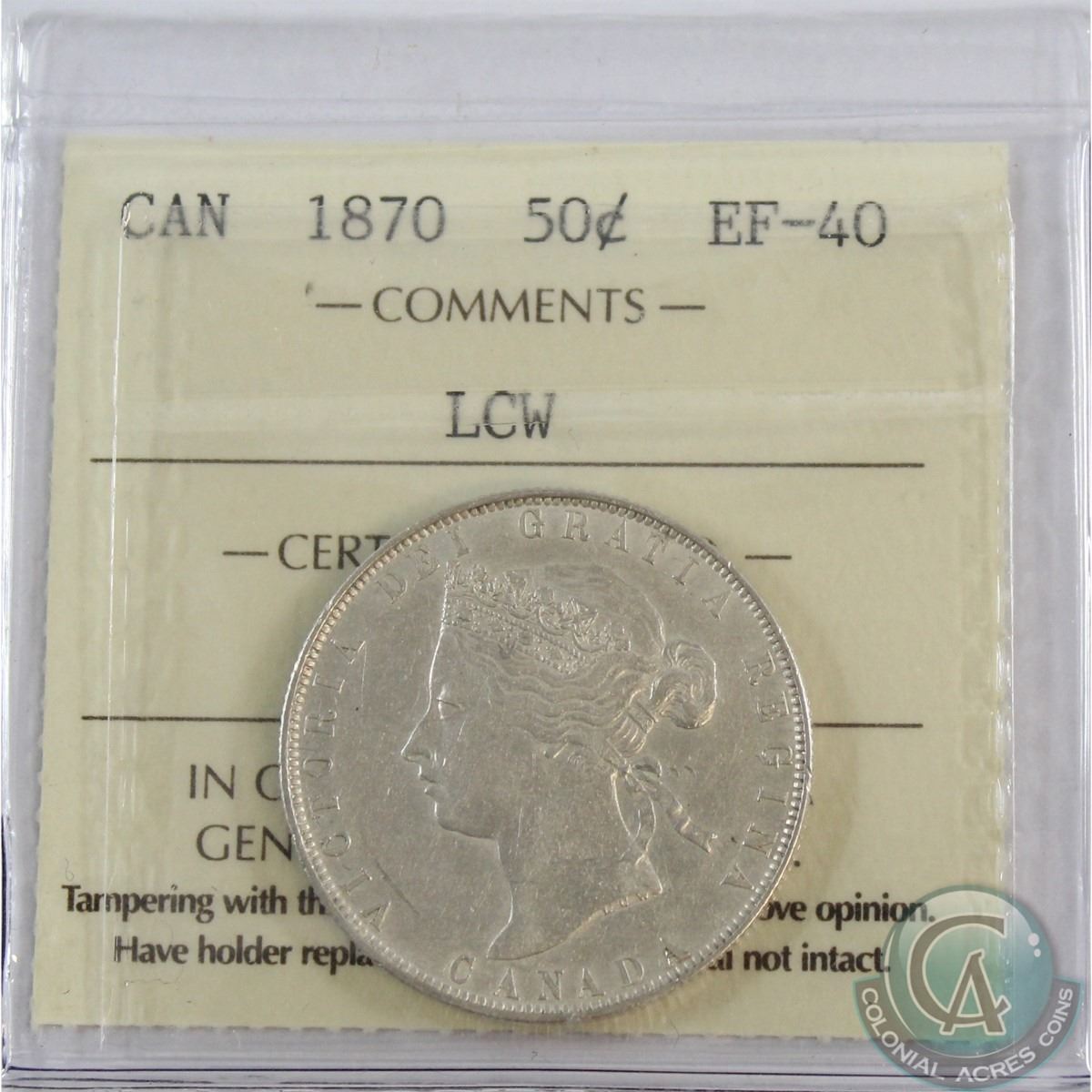 50-cent 1870 LCW ICCS Certified EF-40. An overall eye appealing consistent coin.