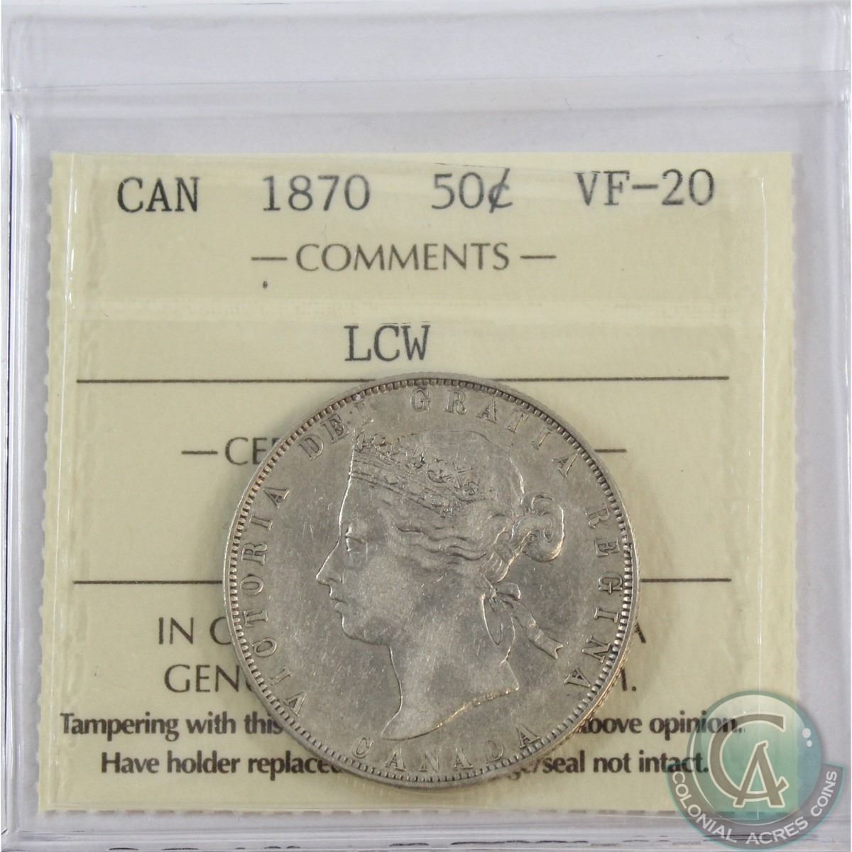 50-cent 1870 LCW ICCS Certified VF-20