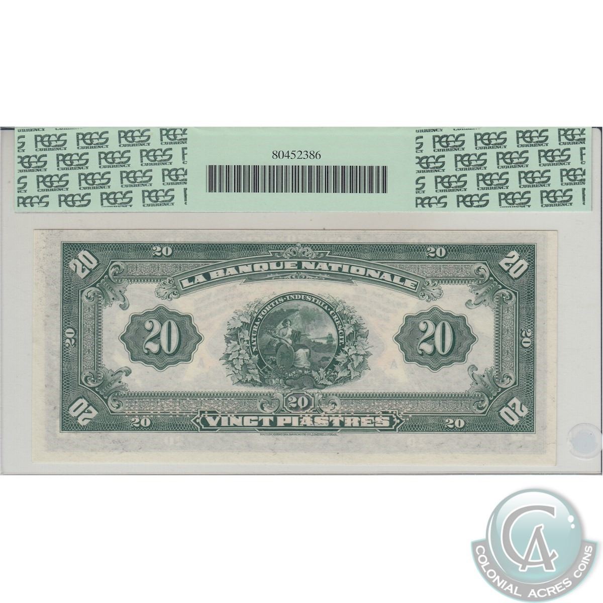 510-22-06S 1922 La Banque Nationale SPECIMEN $20. Amyot, Check Letter A ...