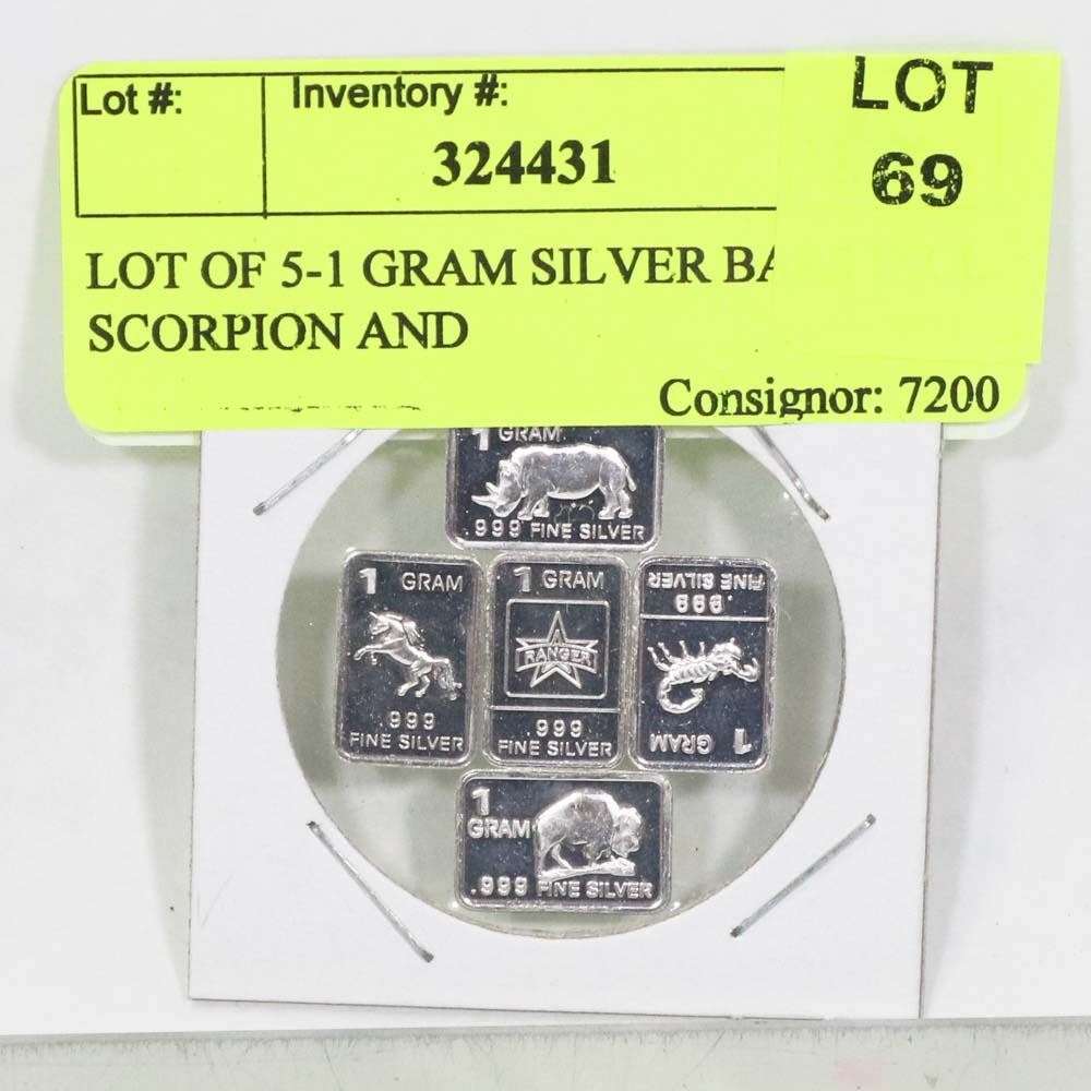 LOT OF 5-1 GRAM SILVER BARS INCL. SCORPION AND
