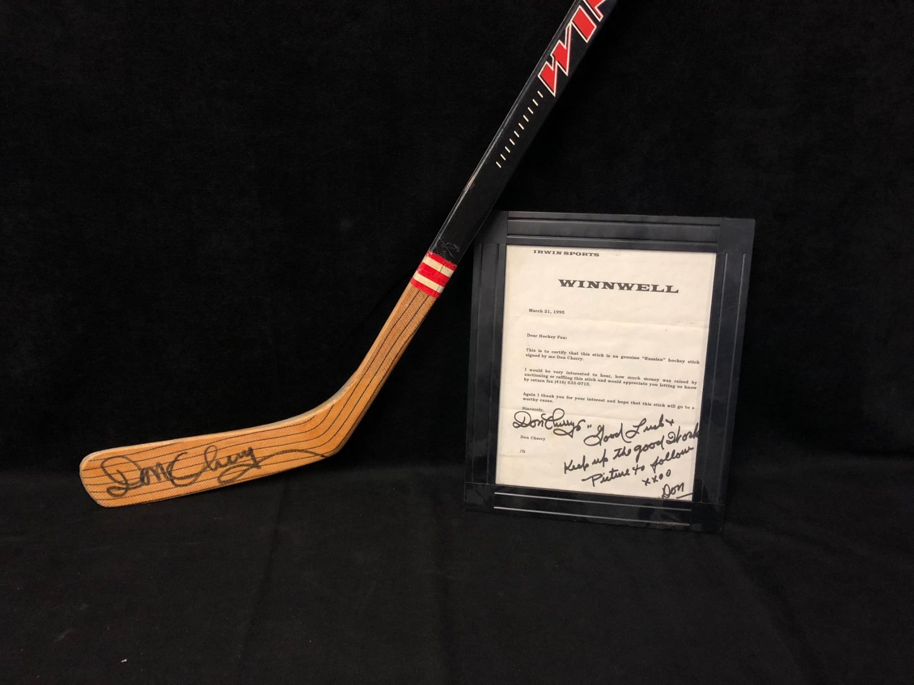 DON CHERRY SIGNED WINNWELL HOCKEY STICK AND SIGNED LETTER