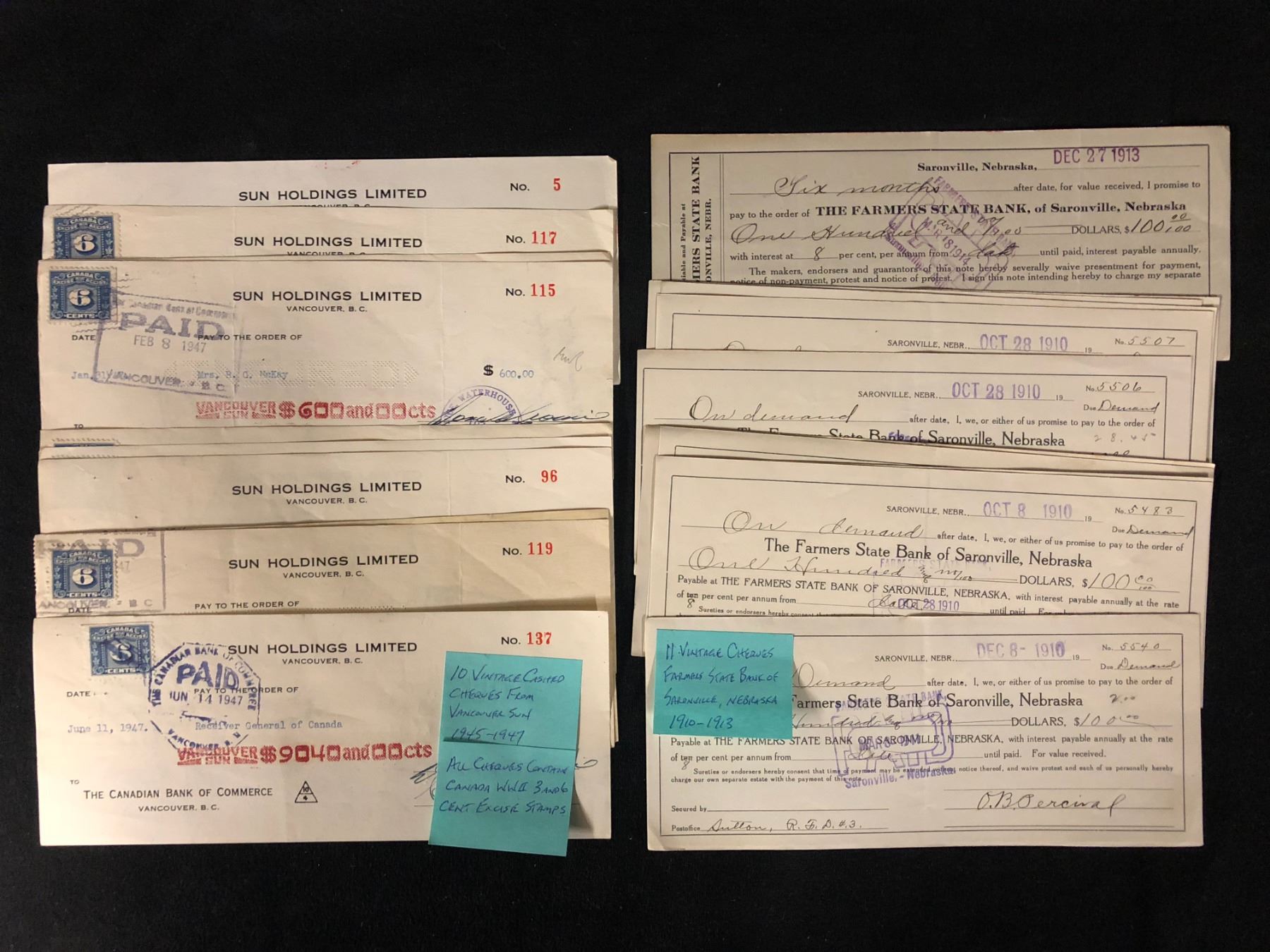 VINTAGE USED BANK CHEQUES LOT (1945-47 VANCOUVER SUN/ 1910-1913 FARMERS ...