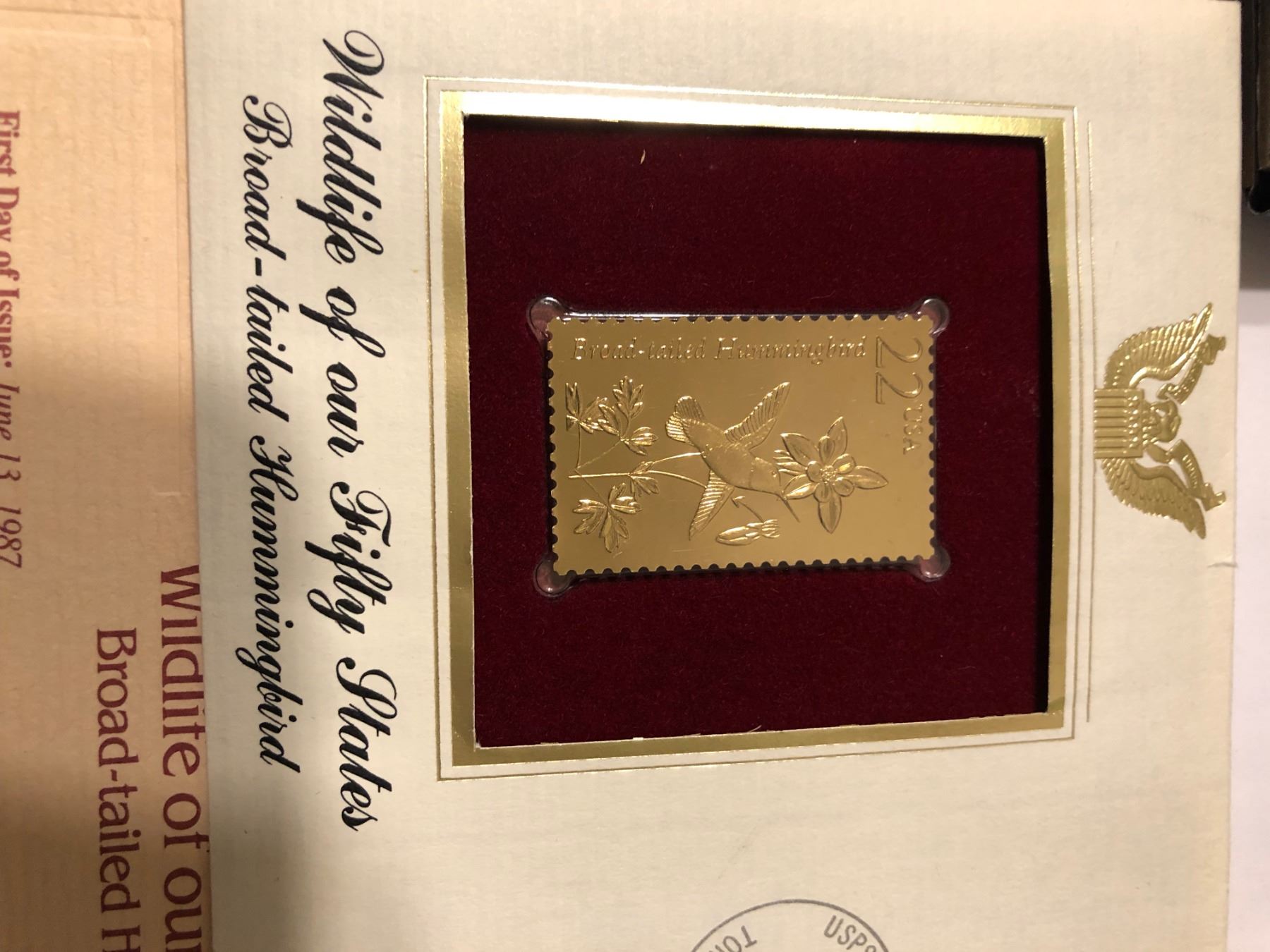 1987 24kt Gold First day Issue Stamp of Hummingbird in Original Package