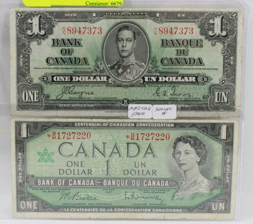 LOT OF 2 CANADIAN 1 DOLLAR BILLS 1967 1937 lot-of-2-canadian-1-dollar-bills-1967-1937