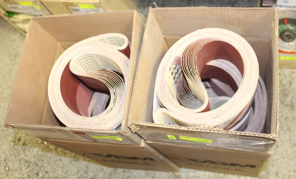 2 LARGE BOXES OF 4" WIDE BELT SANDING PAPER-P120
