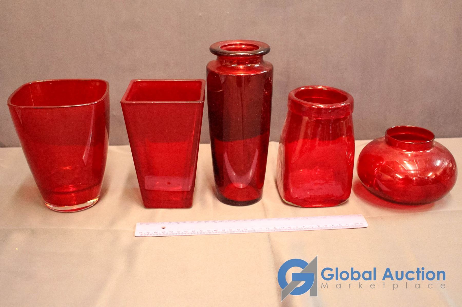 5 Assorted Ruby Red Vases
