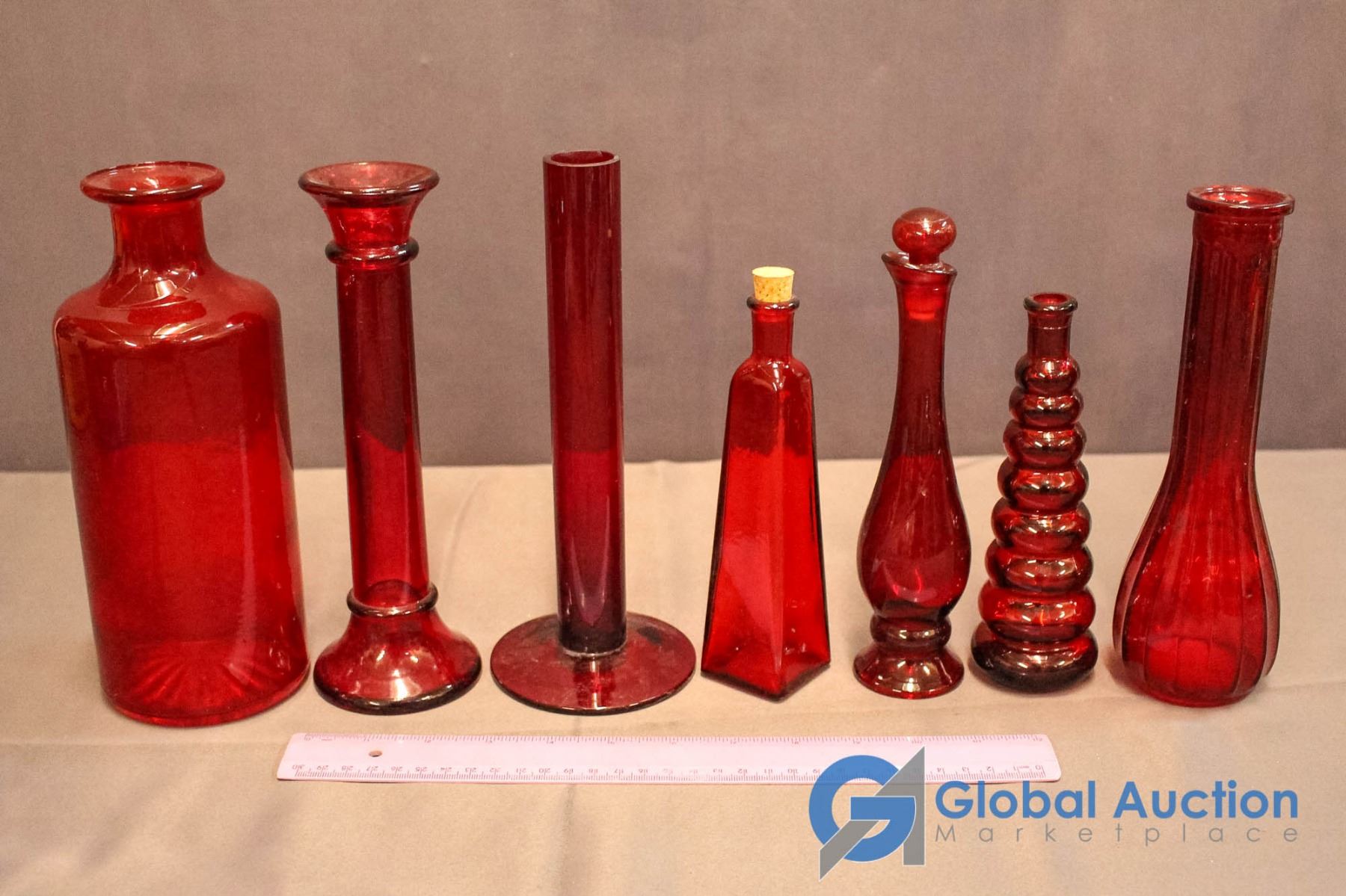7 Assorted Ruby Red Glassware Pieces, Vases, etc