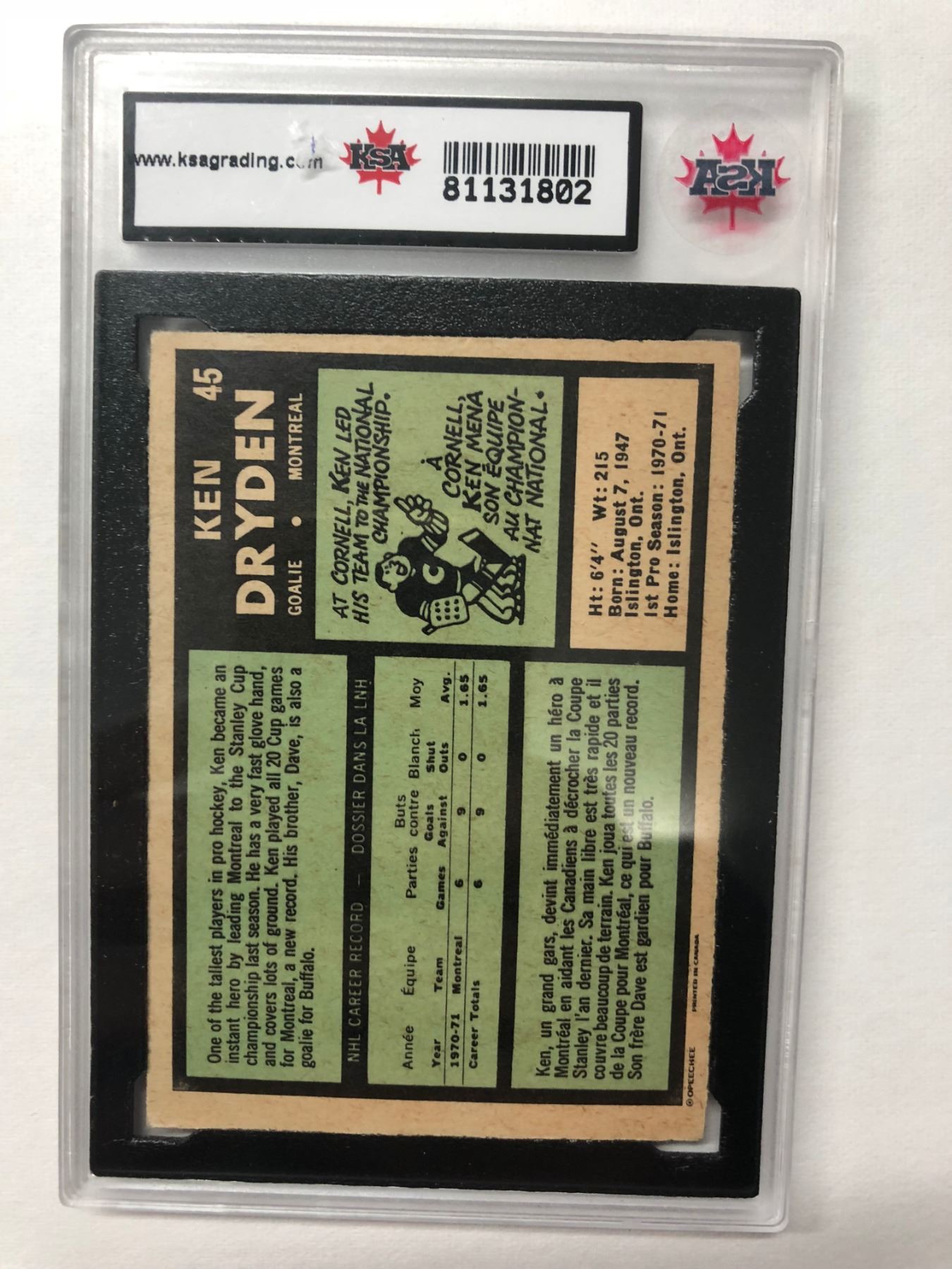 1971-72 O-PEE-CHEE #45 KEN DRYDEN ROOKIE CARD (5 EX)