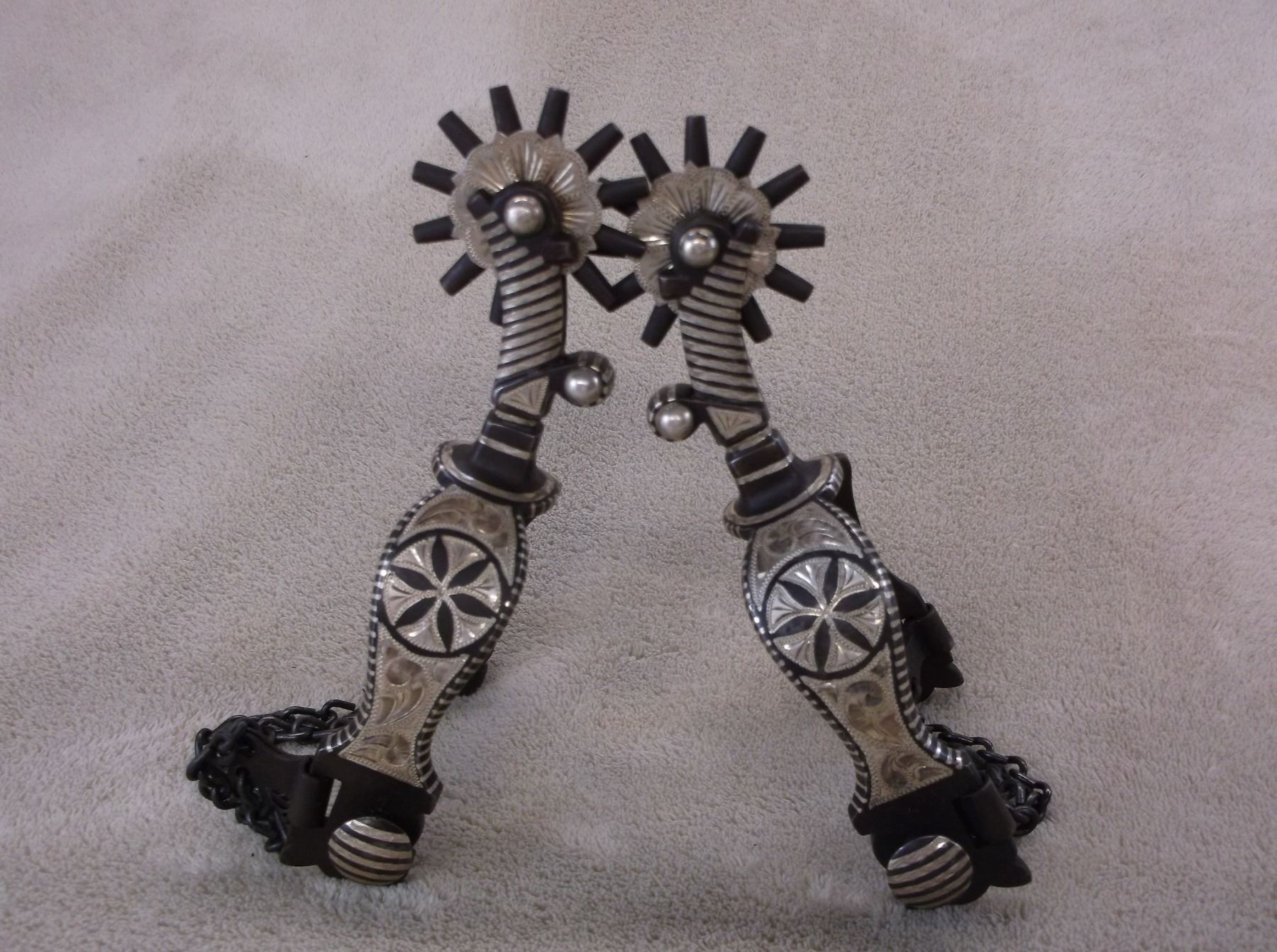 Marked Garcia Silver Inlaid Spurs- Dandy Pattern- Barrel Chap Guards ...