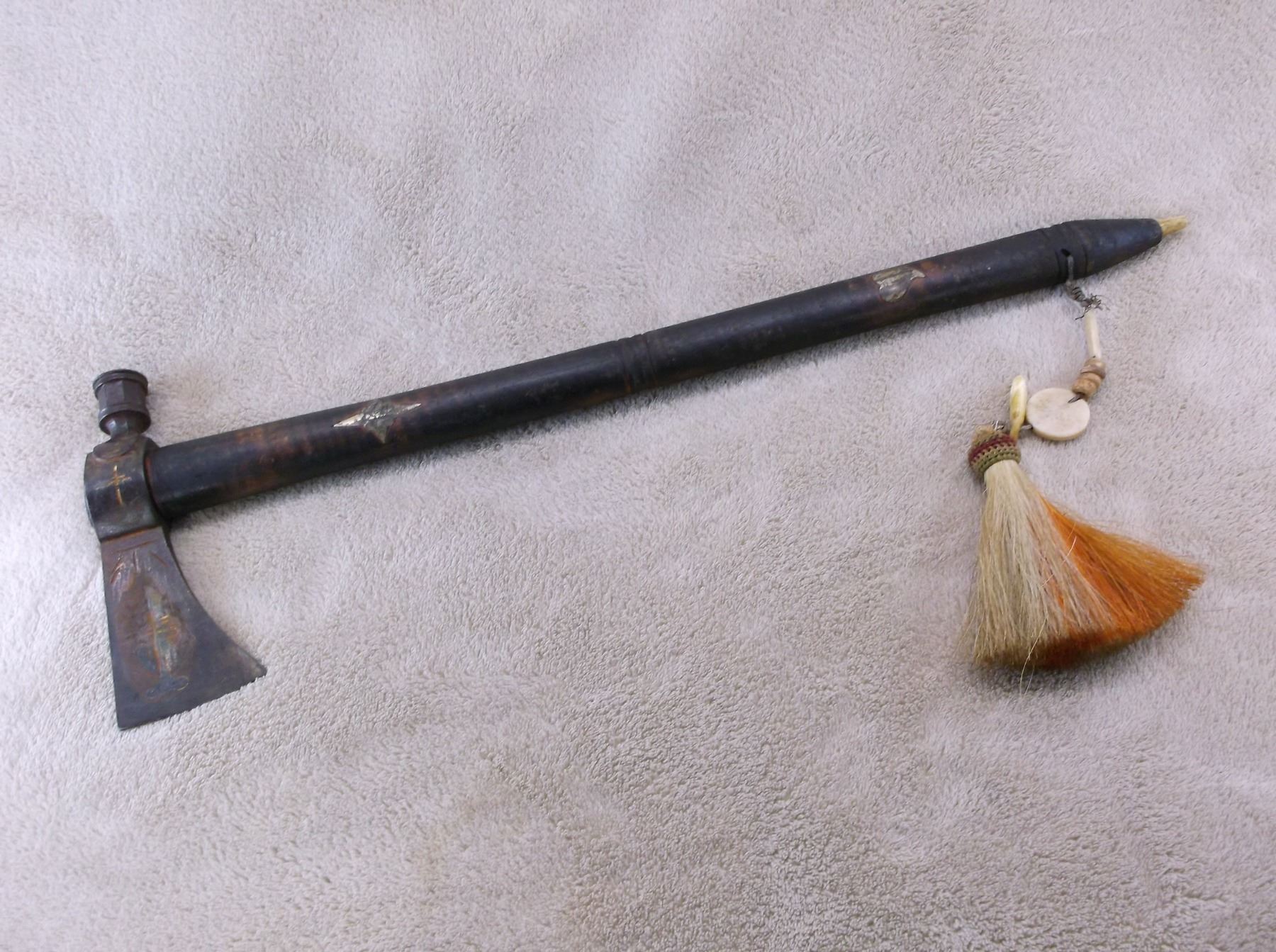 Inlaid Iron Pipe Tomahawk With 8" Horsehair Drop- 18" Handle X 3" Blade