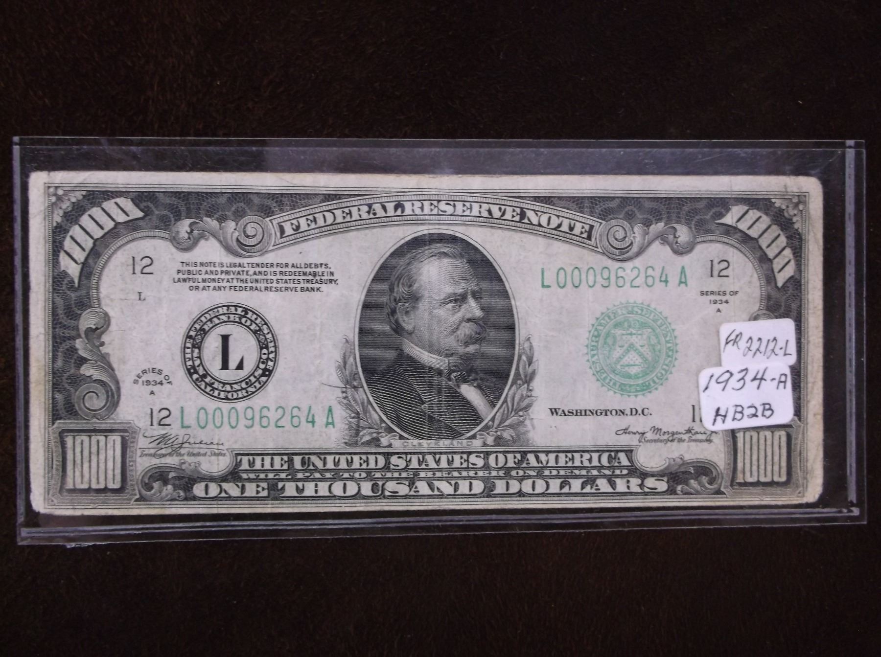 Series of 1934 A One Thousand Dollar Bill- #L00096264A