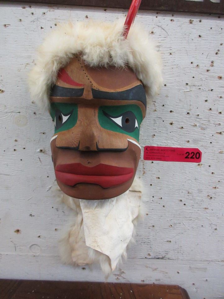 Carved First Nations Wall Mask with Rabbit Fur