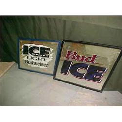 Two Budweiser Ice Mirrored Signs
