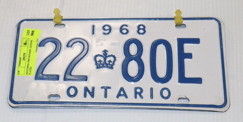 MATCHING 1968 ONTARIO LICENSE PLATES