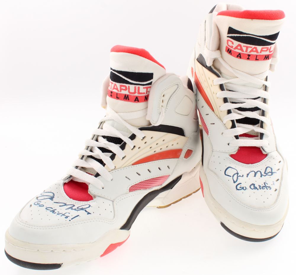 Lot of (2) Joe Montana Signed Catapult Shoes Inscribed "Go Chiefs ...