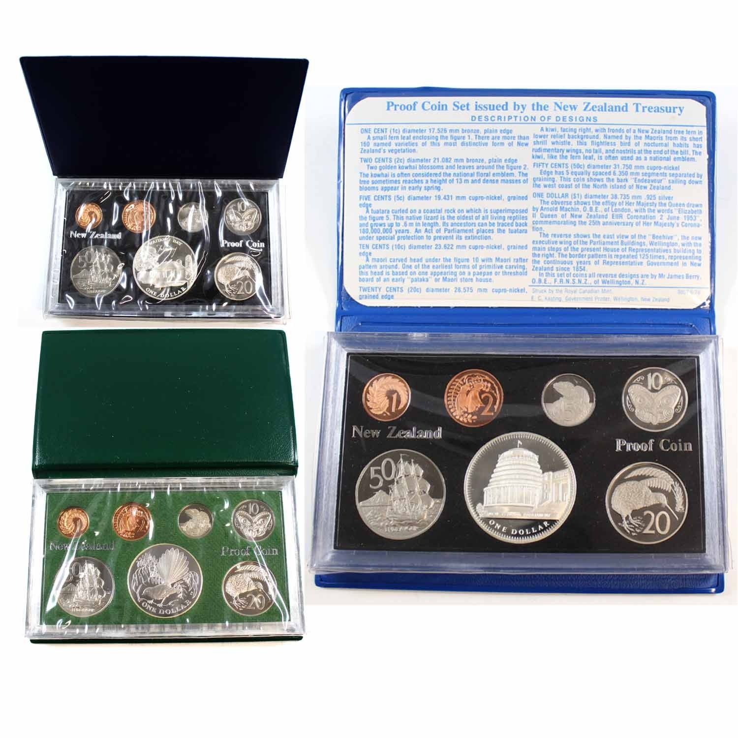 1977, 1978 & 1980 New Zealand 7-coin Proof Sets with Sterling Silver ...