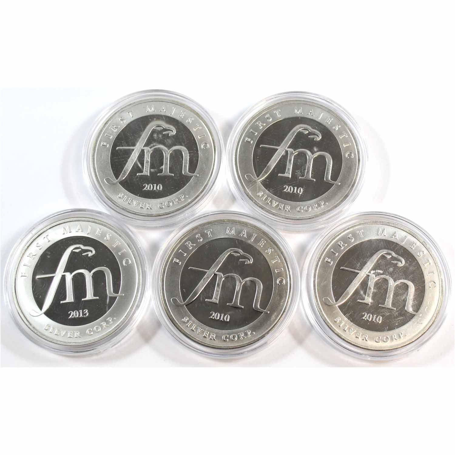 Lot of 5x 2010 First Majestic Silver Corp. 1oz .999 Fine Silver Rounds ...