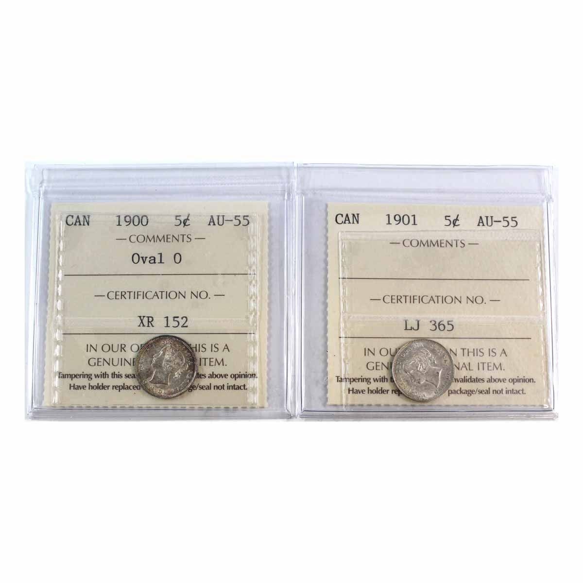 5-cent 1900 Oval 0 & 1901 ICCS Certified AU-55. 2pcs