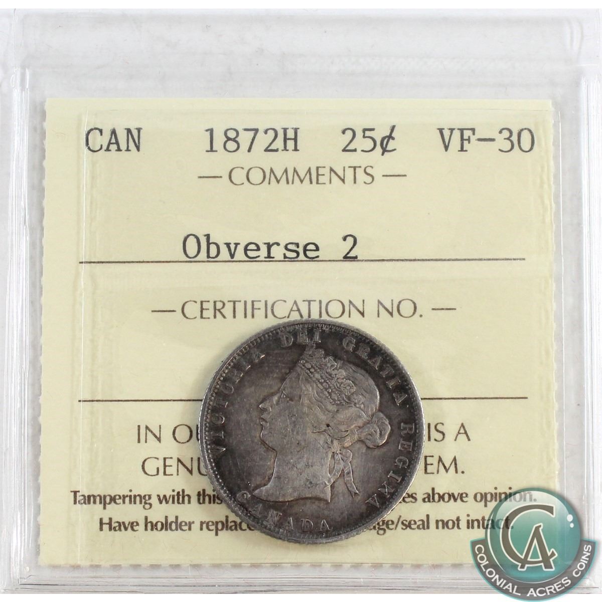 1872H Canada Obverse 2 25-cent ICCS Certified VF-30