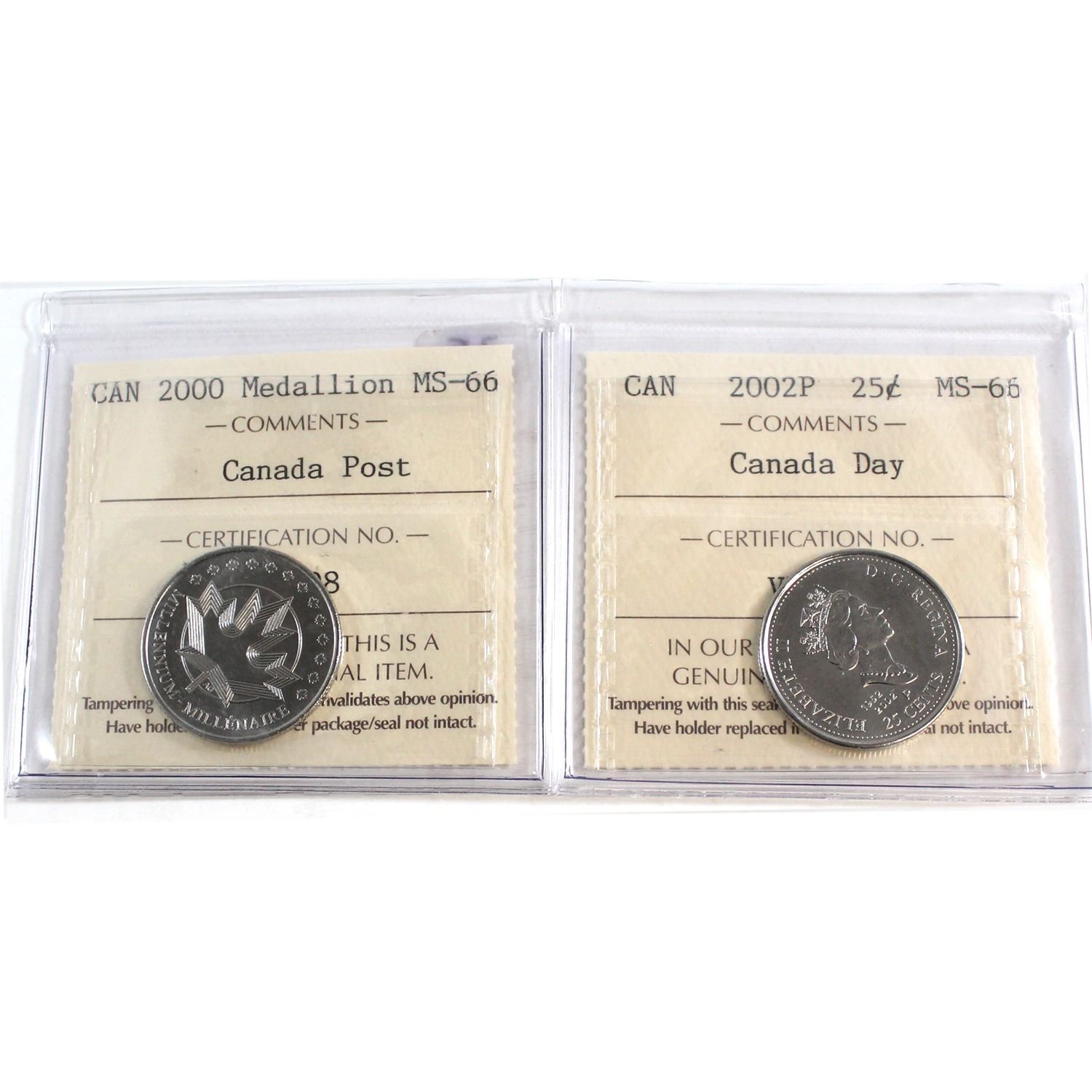 2000 Canada Post Medallion and 2002P Canada 25-cents all ICCS Certified ...