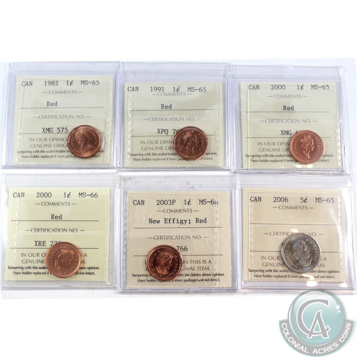 1982-2006 Canada ICCS Certified 1-cent & 5-cent Coins: 1982 1c MS-65 ...