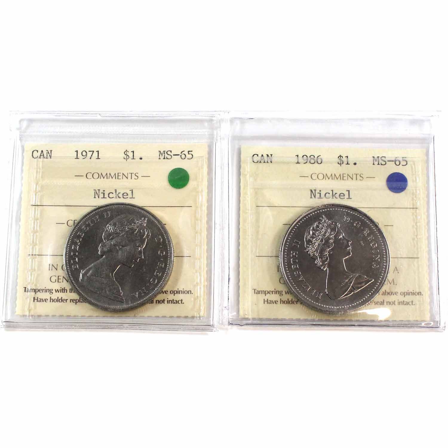 1971 & 1986 Canada Nickel $1 ICCS Certified MS-65. 2pcs.