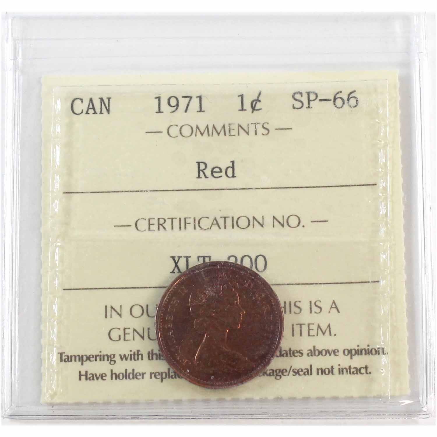 1971 Canada 1-cent ICCS Certified SP-66 Red.