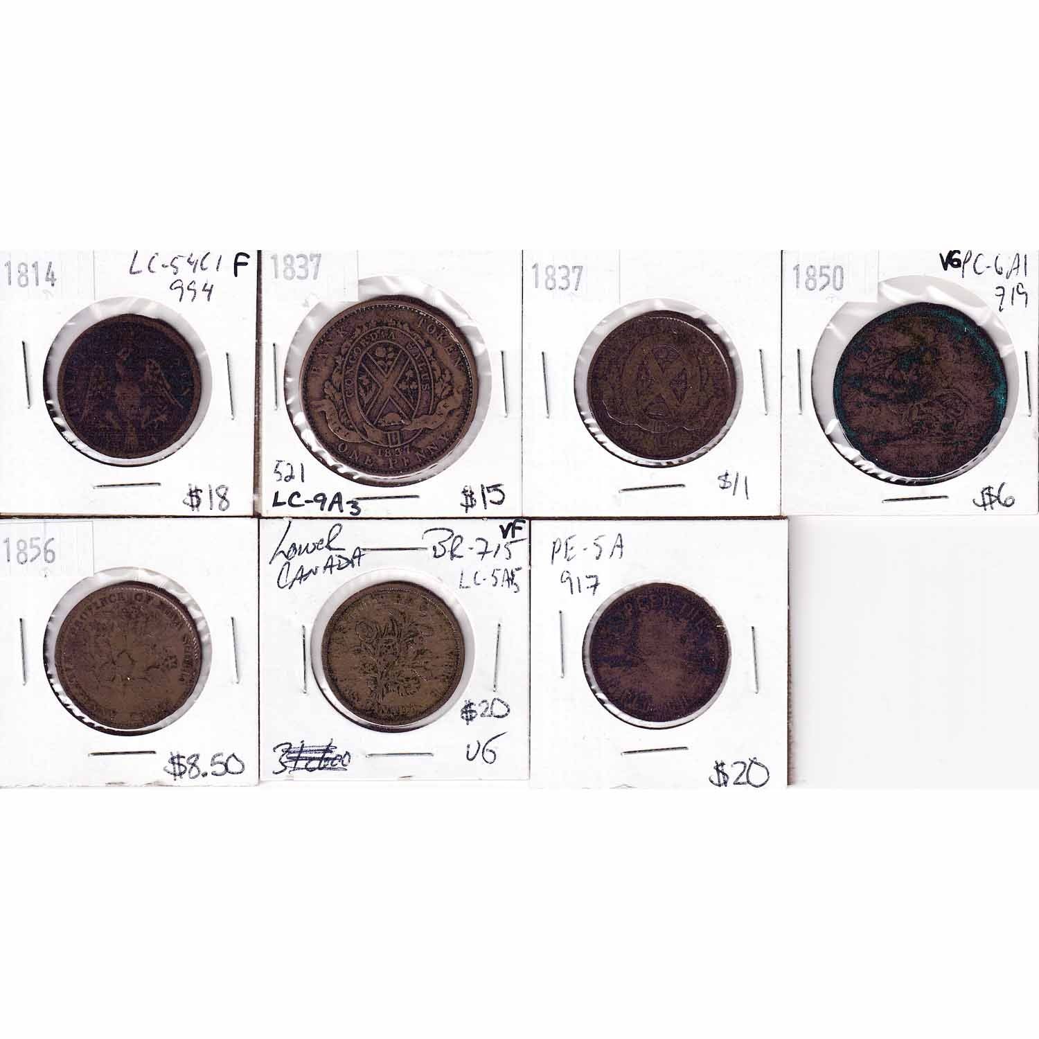 Group Lot of Various 1814-1856 Bank Tokens with 2 Undated Tokens. 7pcs