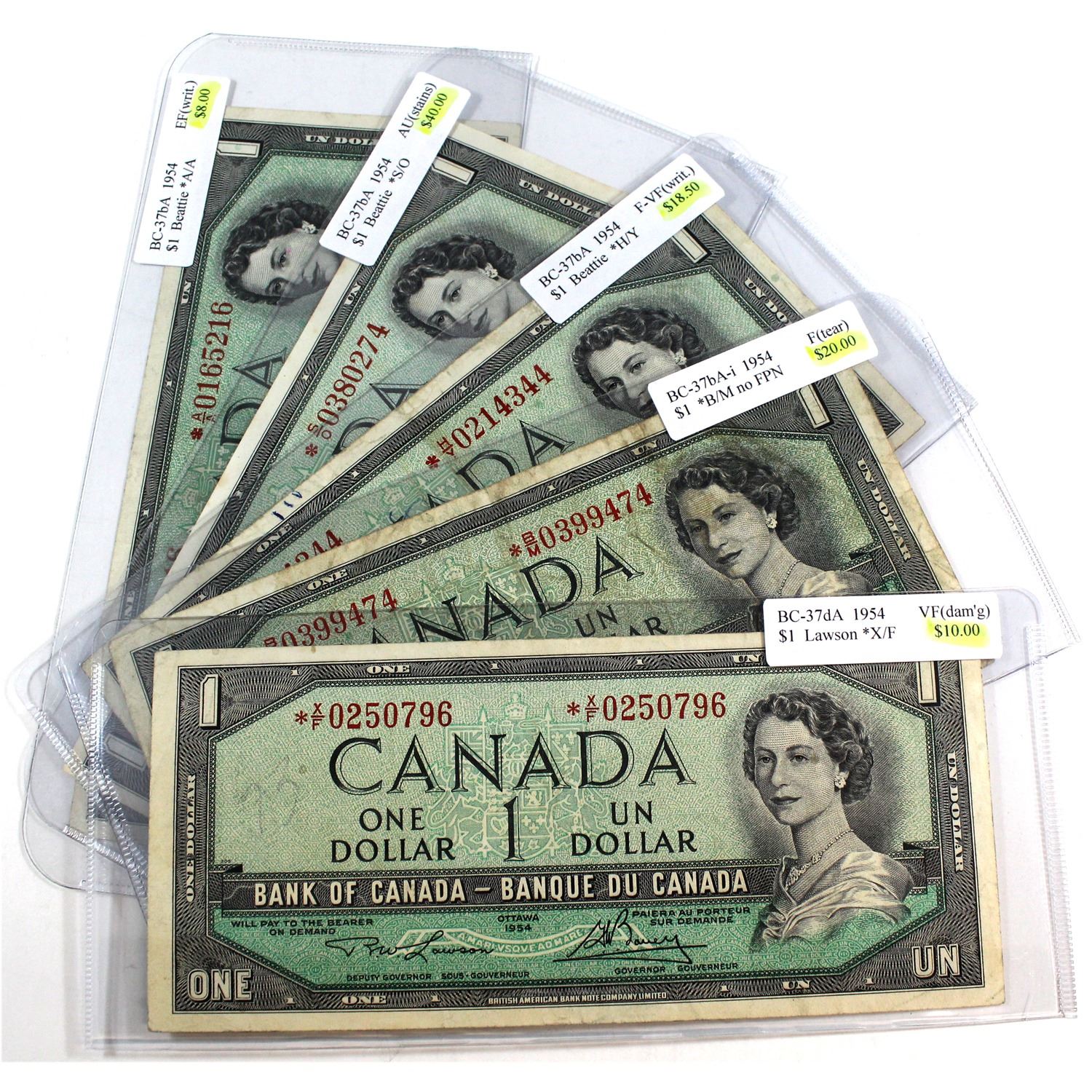 5x 1954 Bank of Canada $1 Replacement Notes all with Different Prefix ...